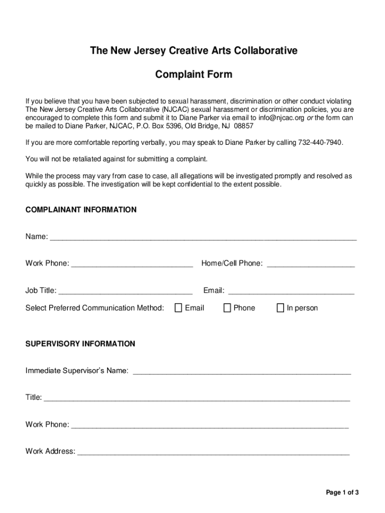 Fillable Online The New Jersey Creative Arts Collaborative Complaint ...