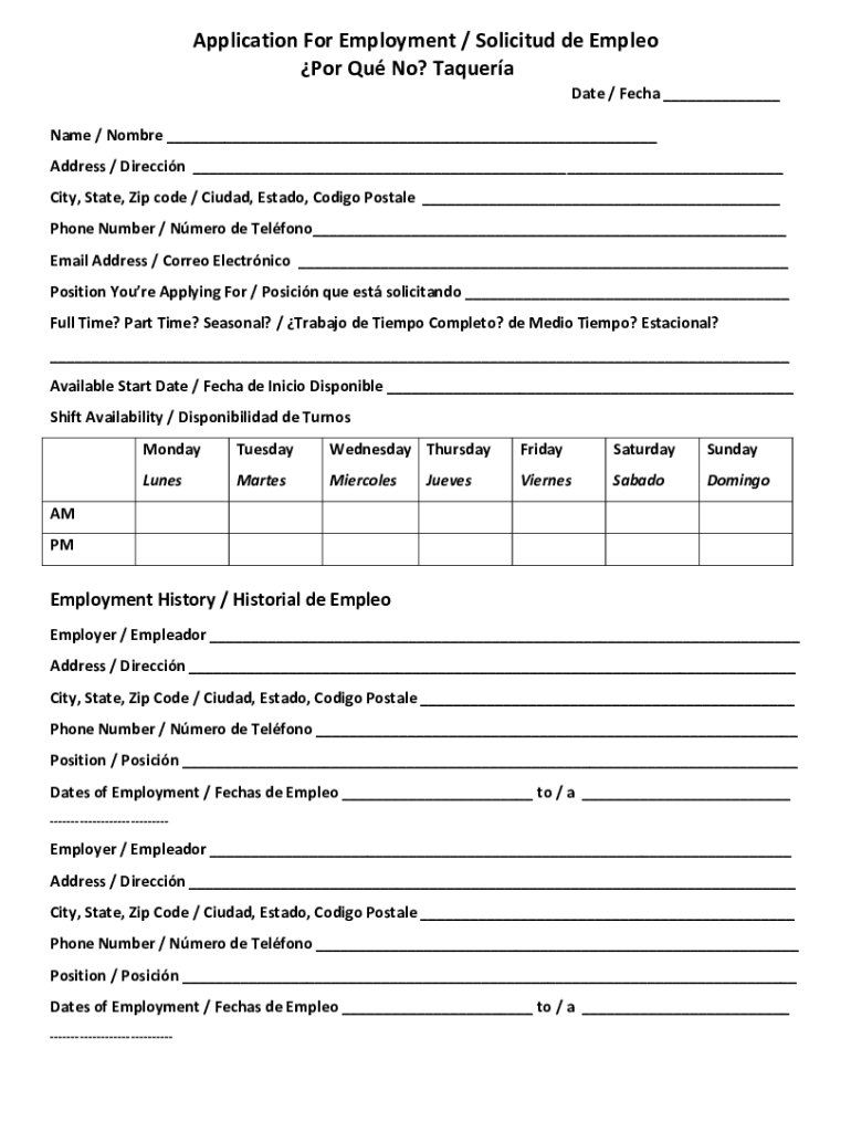 Fillable Online Solicitud de Empleo - Employment Application ...