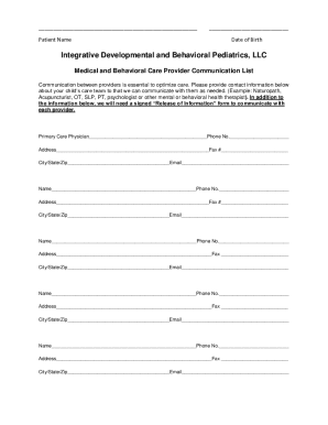 Fillable Online Medical and Behavioral Care Provider Communication List ...