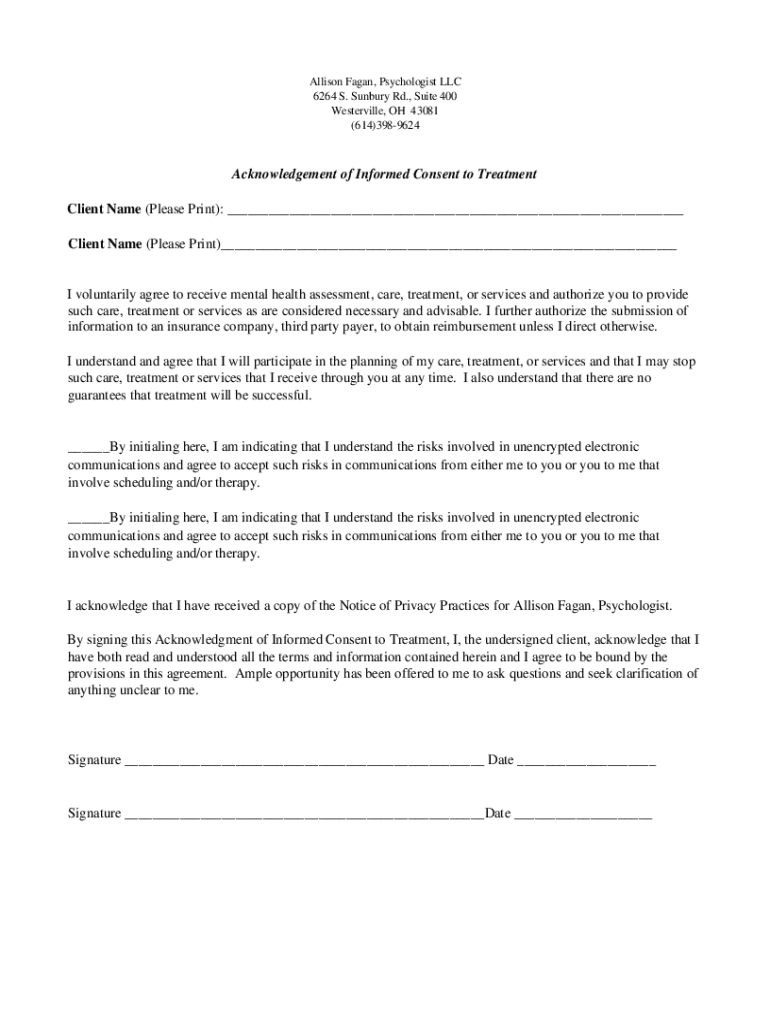 Fillable Online Acknowledgement of Informed Consent to Treatment Fax ...