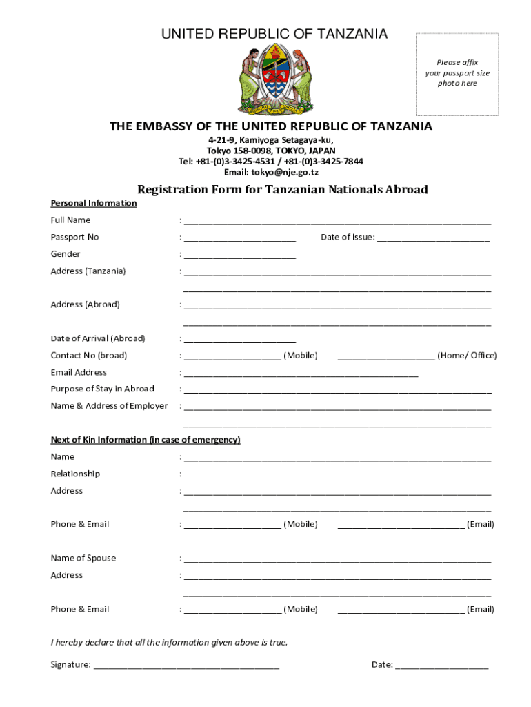 Fillable Online Registration Form for Tanzanian Nationals Abroad ...