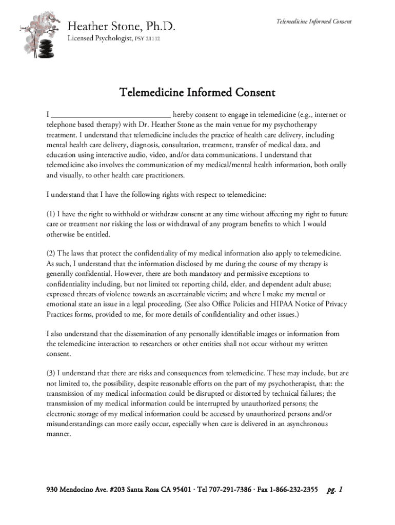 Fillable Online Telemedicine Informed Consent FormPsychStrategies Fax ...