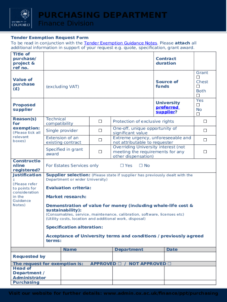 Tender Exemption Request - ndm.ox.ac.uk Doc Template | pdfFiller