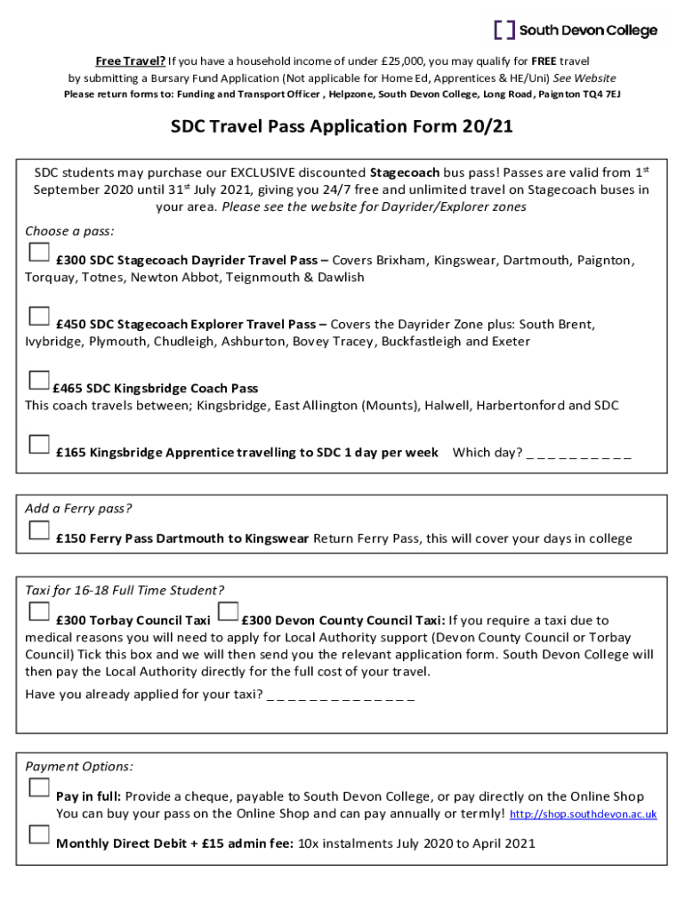 Fillable Online SDC Travel Pass Application Form 20/21 - South Devon College Fax Email Print ...