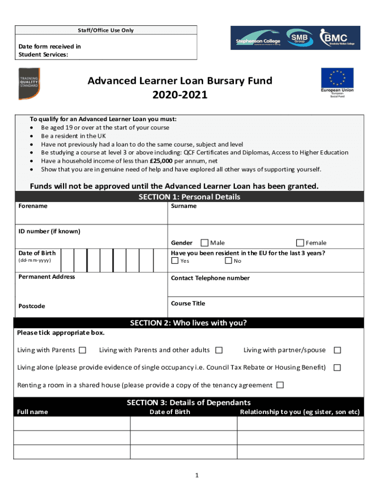 Fillable Online stephensoncoll ac Advanced Learner Loan Bursary Fund ...