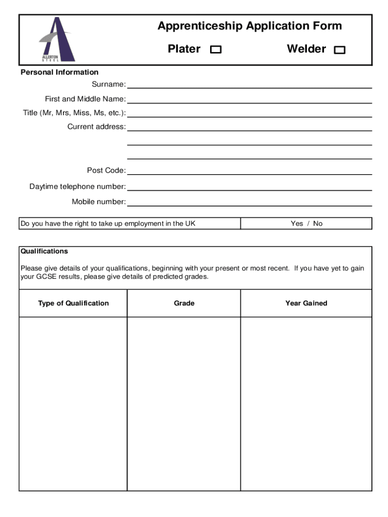 Fillable Online Apprenticeship Application Form Plater Welder Fax Email ...
