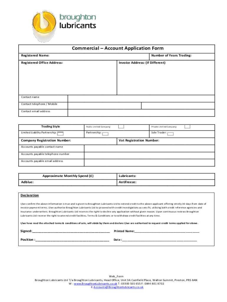 Fillable Online Commercial Account Application Form - Broughton ...