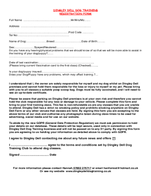 Fillable Online DINGLEY DELL DOG TRAINING REGISTRATION FORM Fax Email ...