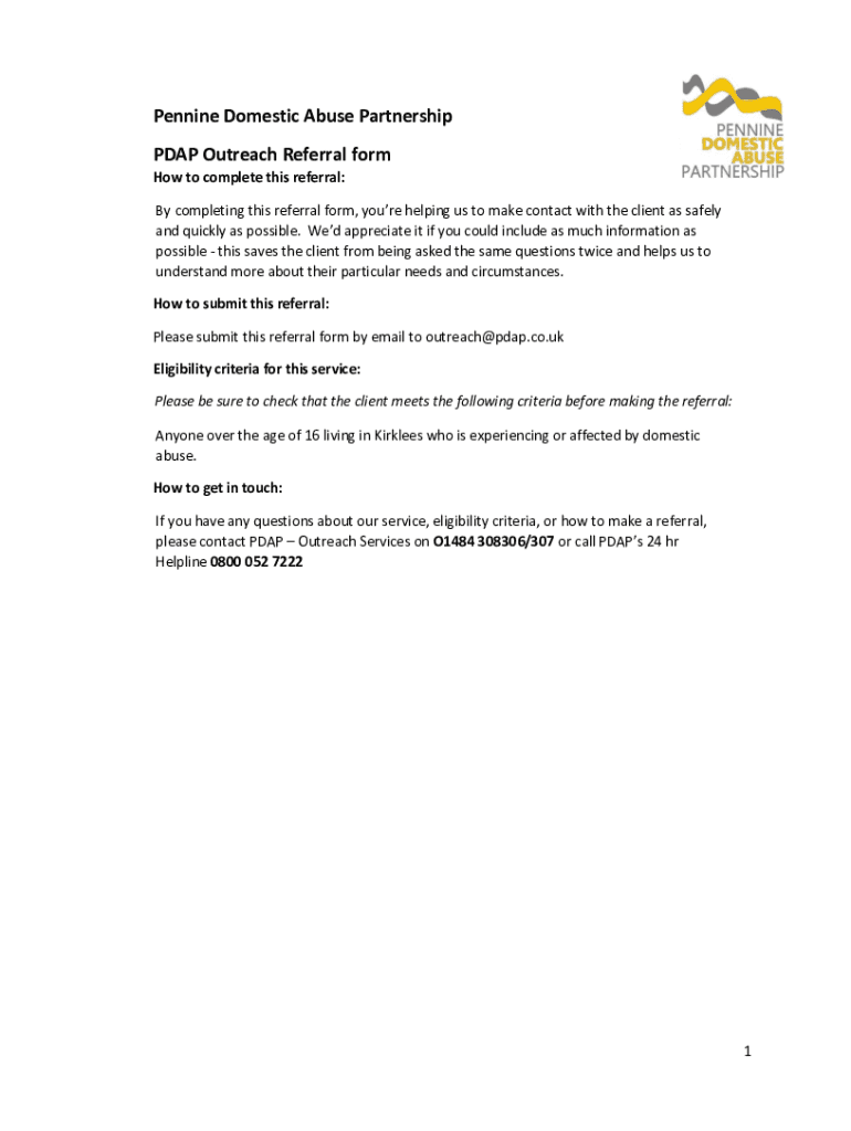Fillable Online Pennine Domestic Abuse Partnership PDAP Outreach ...