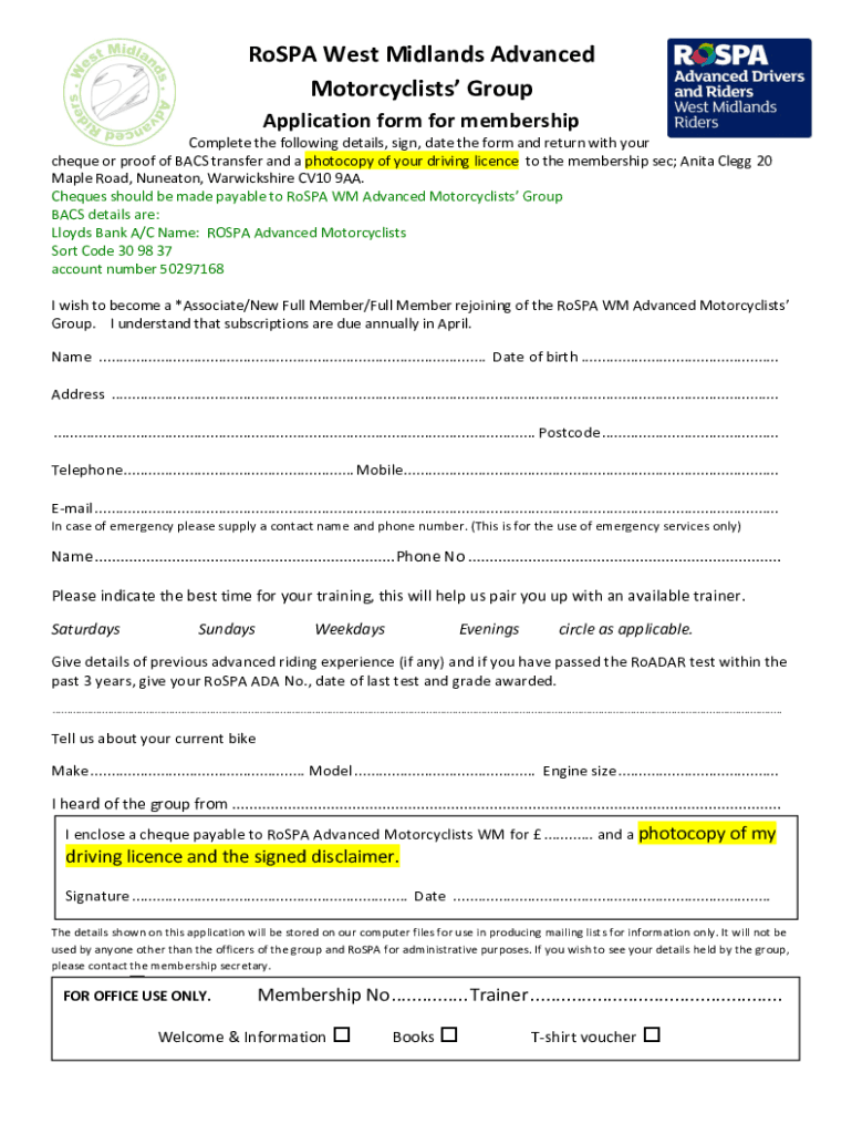 Fillable Online RoSPA West Midlands Advanced Motorcyclists Group Fax Email Print - pdfFiller
