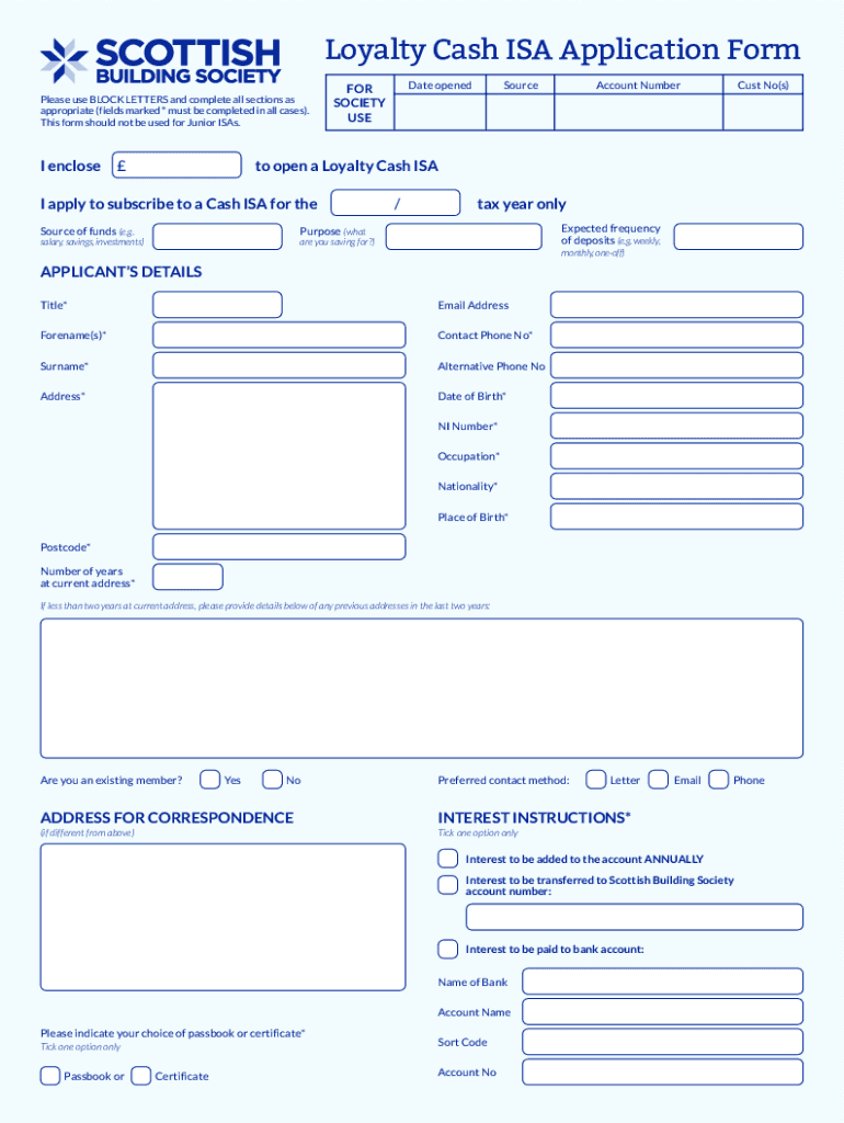 Fillable Online Loyalty Cash ISA Application Form - Scottish Building ...