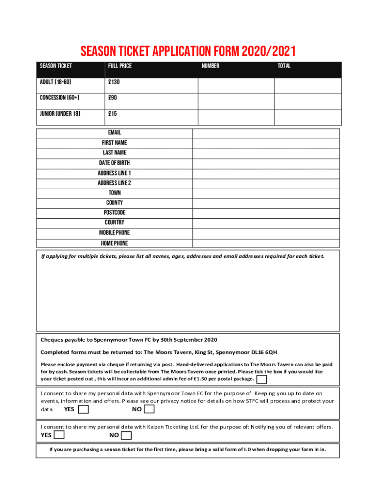 Fillable Online spennymoortownfc co SEASON TICKET APPLICATION FORM 2020 ...