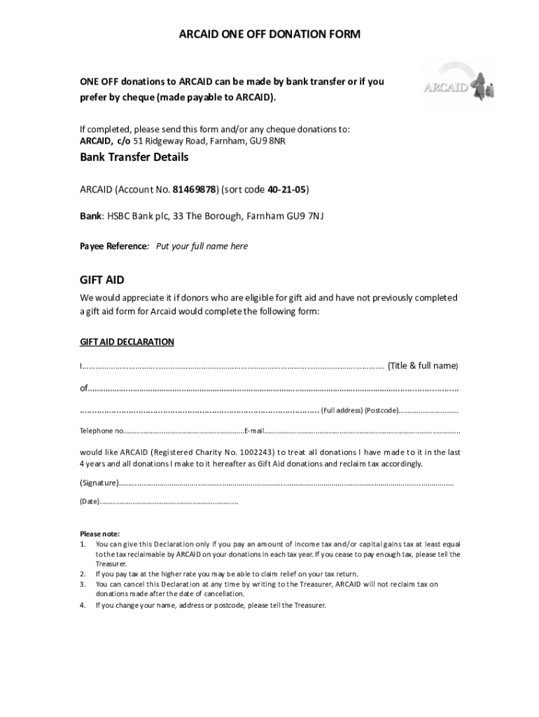 Fillable Online ARCAID ONE OFF Donation Form - St Joan of Arc's Church ...