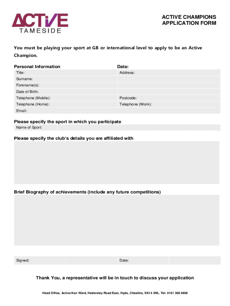 Fillable Online ACTIVE CHAMPIONS APPLICATION FORM - Tameside Sports Network Fax Email Print ...