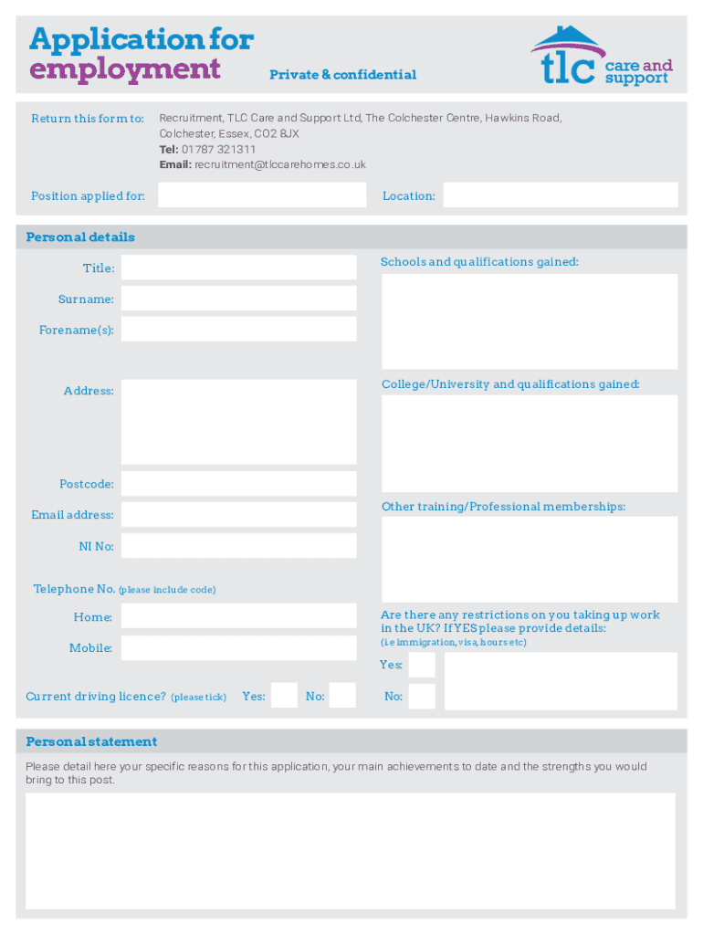 Fillable Online Application for employment Private ... - TLC Care and ...