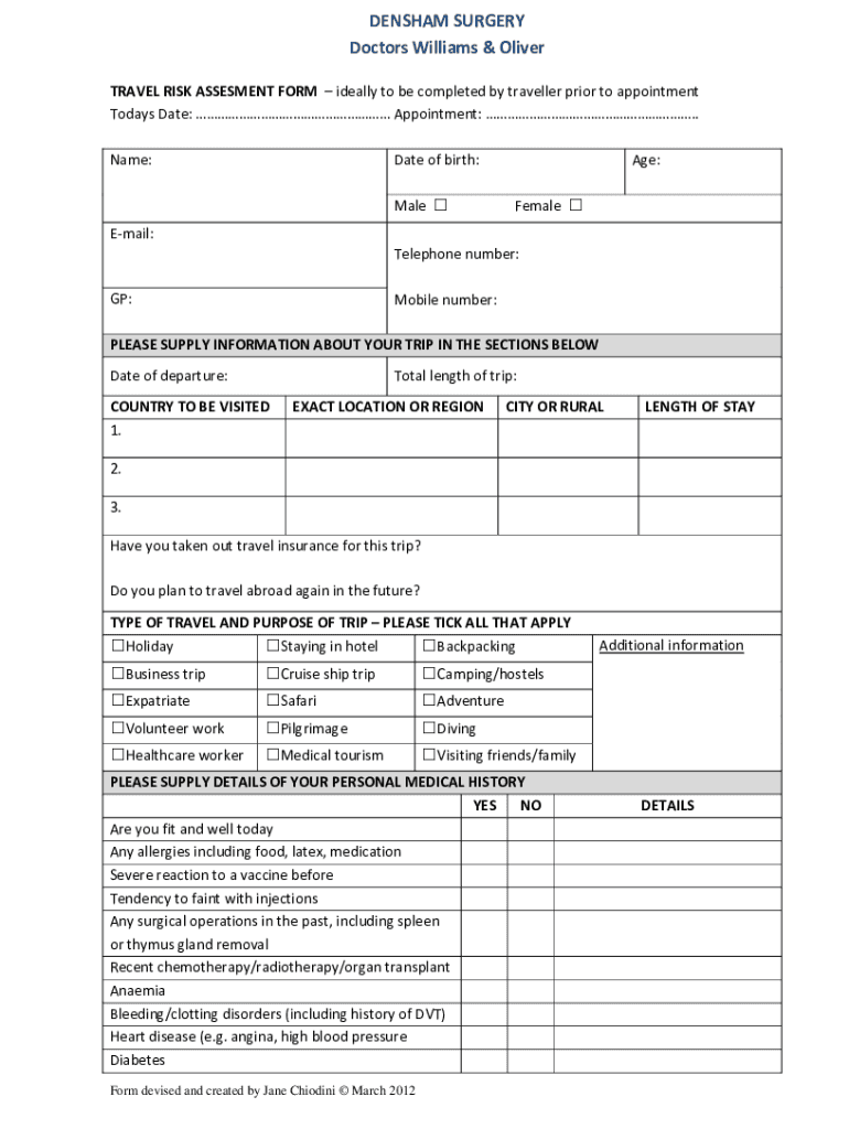 Fillable Online TRAVEL RISK ASSESMENT FORM.docx Fax Email Print - pdfFiller