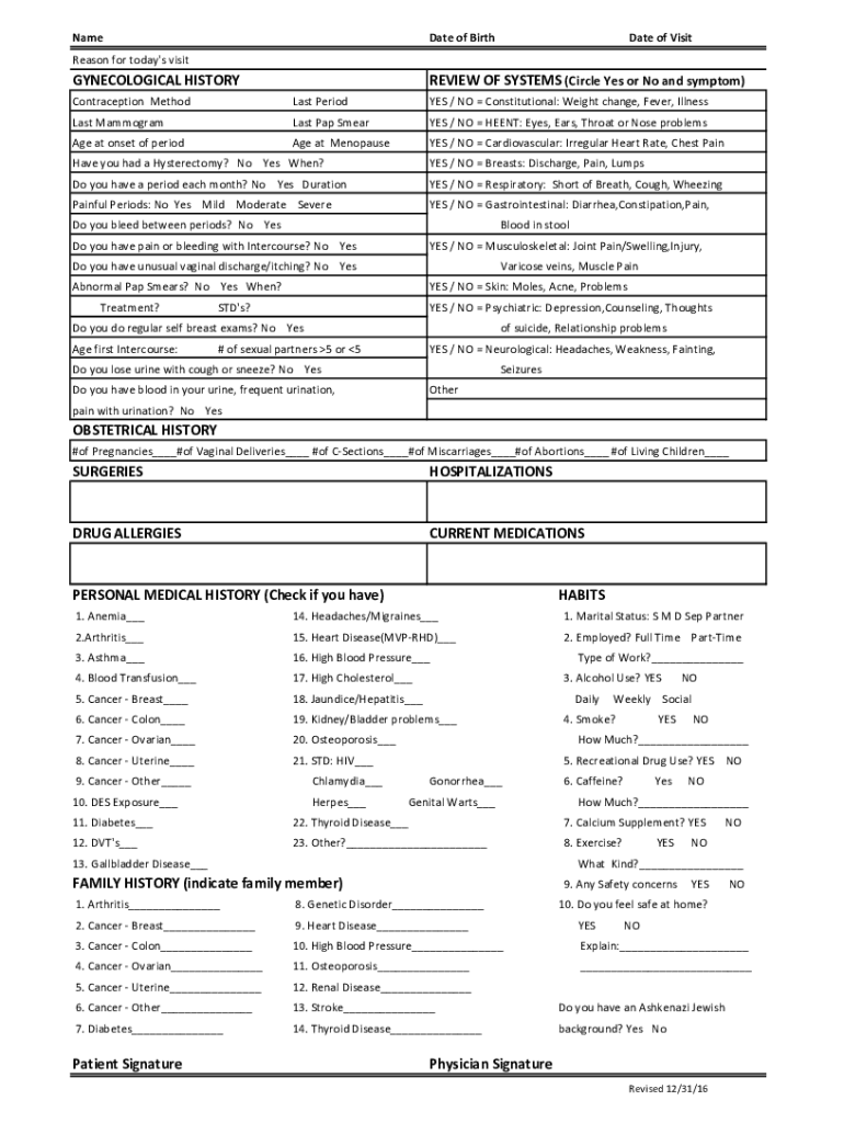 Fillable Online Gynecological History Form - East Cascade Women's Group ...