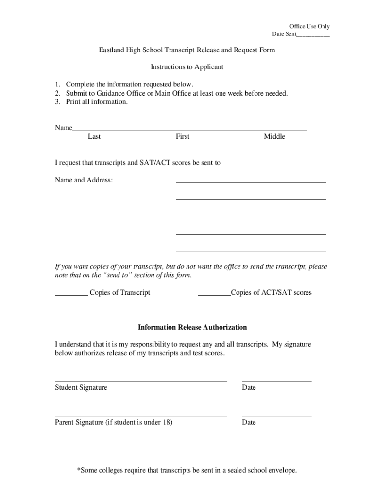 Fillable Online Eastland High School Transcript Release Form Fax Email ...