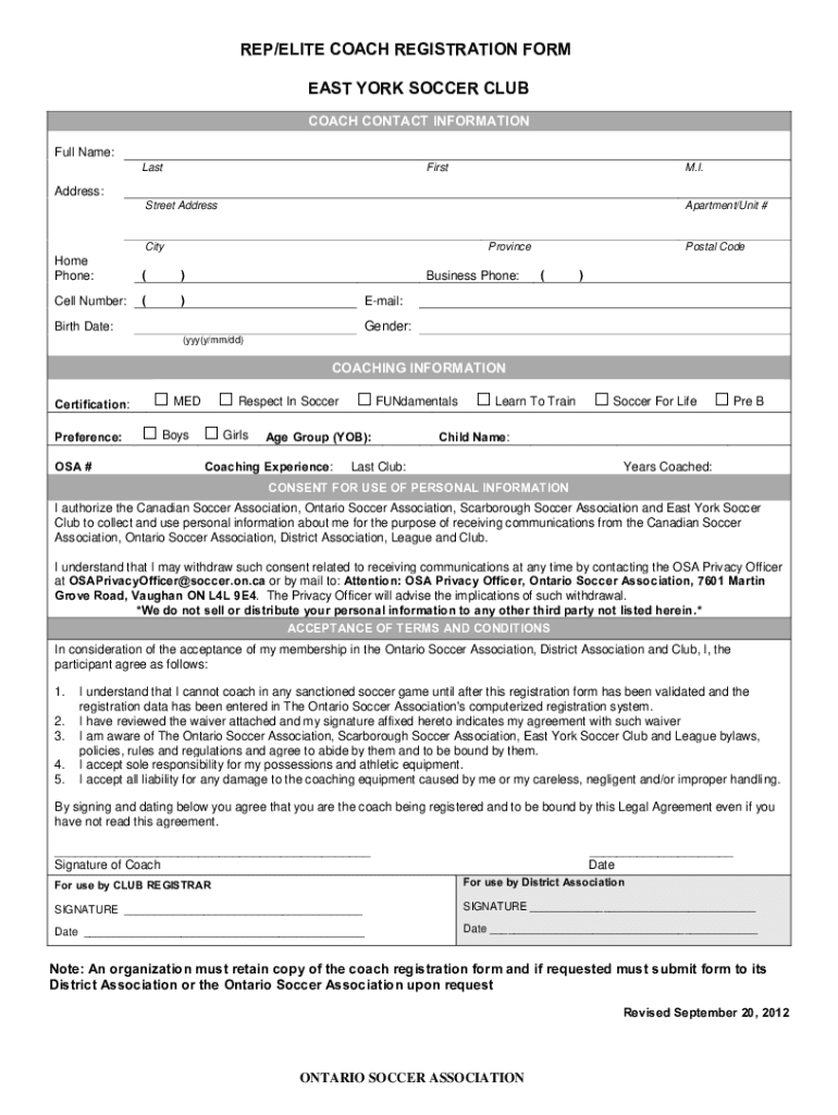 Fillable Online REP/ELITE COACH REGISTRATION FORM EAST YORK SOCCER CLUB ...