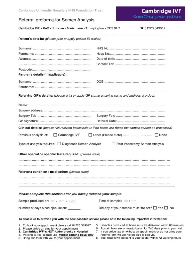 Fillable Online Referral proforma for Semen Analysis - enherts-tr.nhs ...