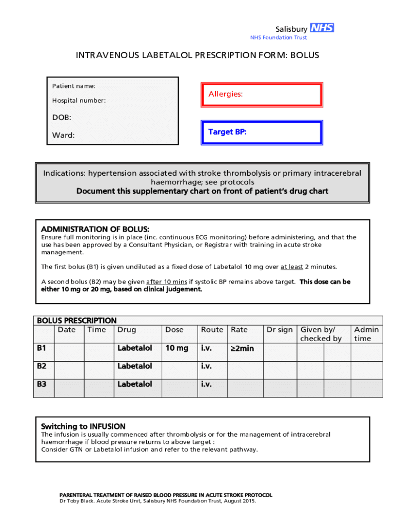 Fillable Online PDF INTRAVENOUS LABETOLOL PRESCRIPTION FORM: BOLUS Fax ...