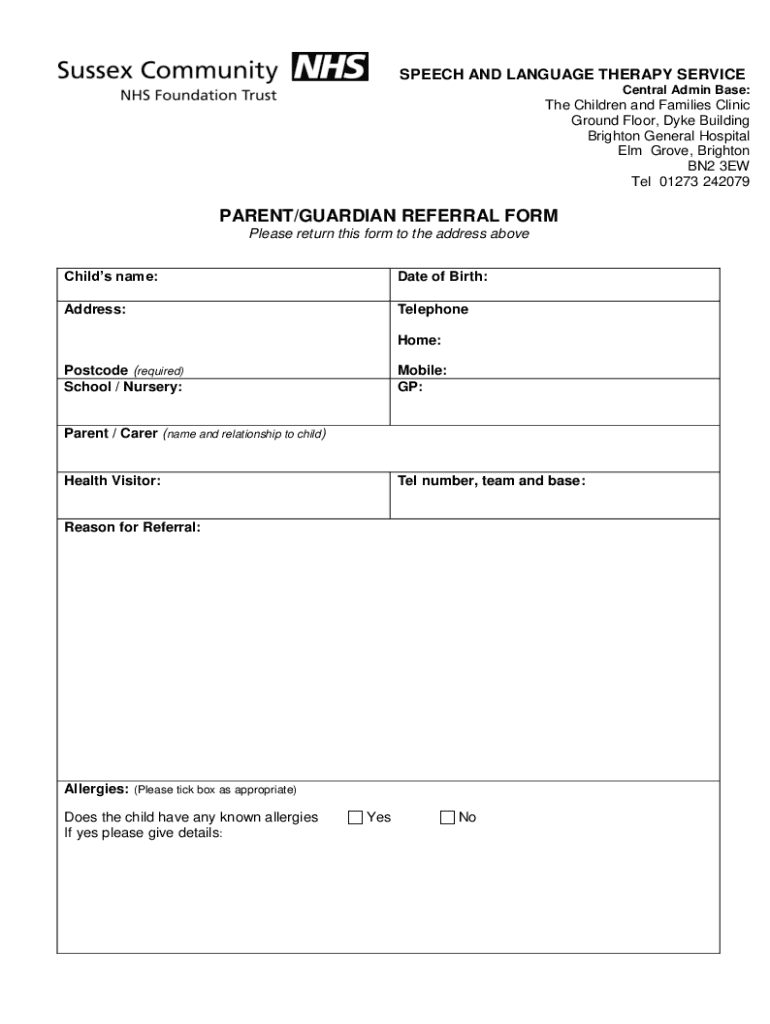 Fillable Online SPEECH AND LANGUAGE THERAPY SERVICE EARLY YEARS ...