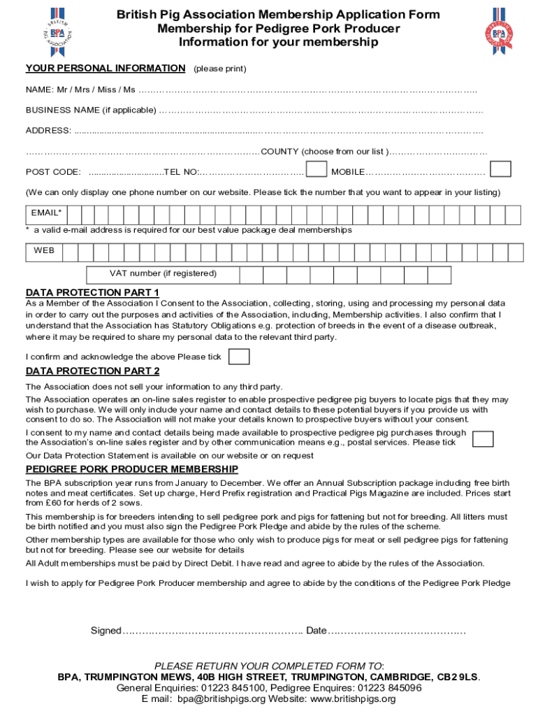 Fillable Online britishpigs org BPA membership application form 2018 ...