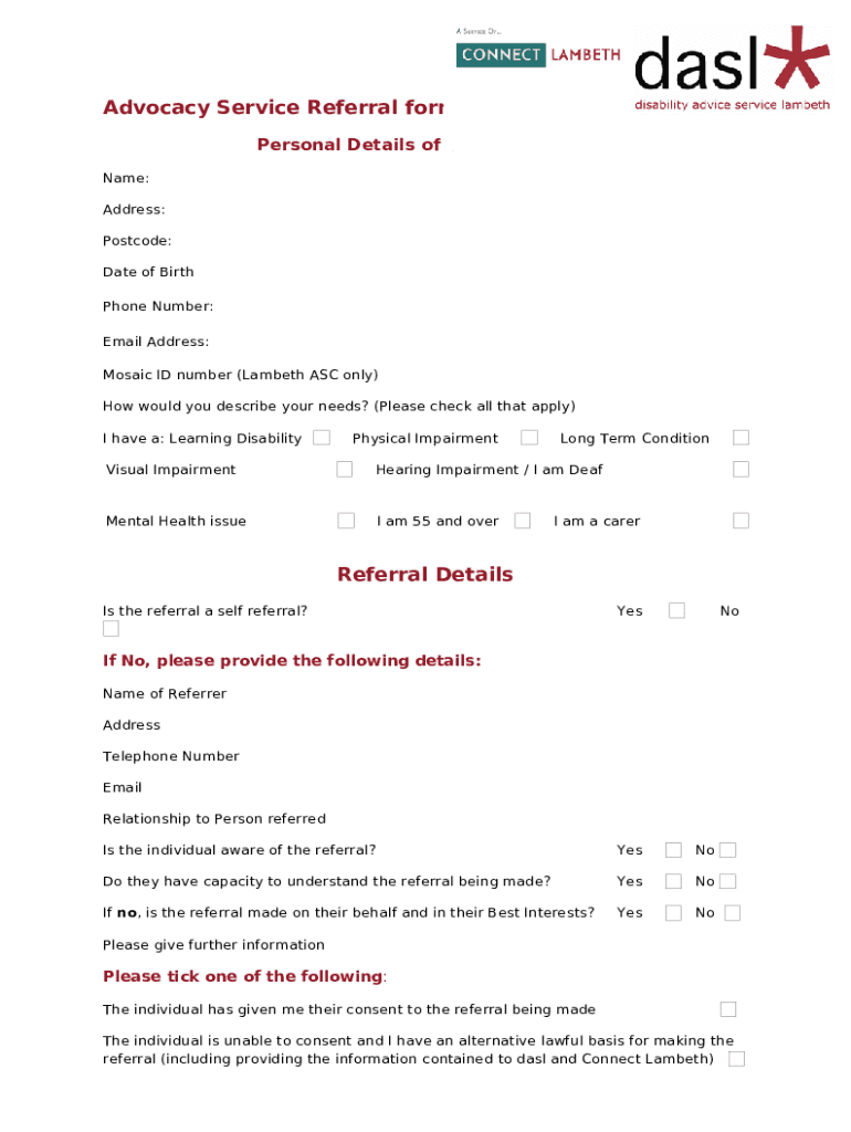 Advocacy Service Referral - disabilitylambeth org Doc Template | pdfFiller