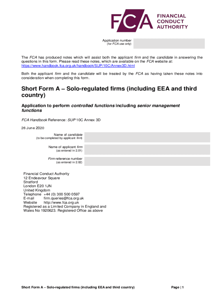 Fillable Online Short Form A Solo-regulated firms (including ... - FCA ...