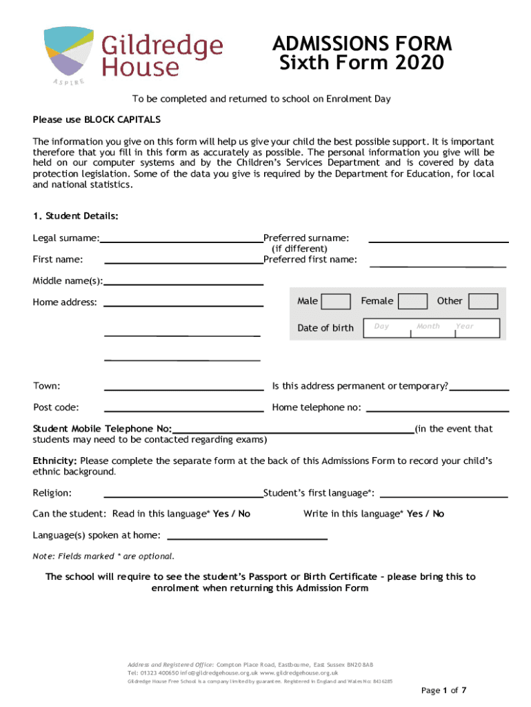 Fillable Online Sixth Form Application Form; September 2020 Fax Email ...