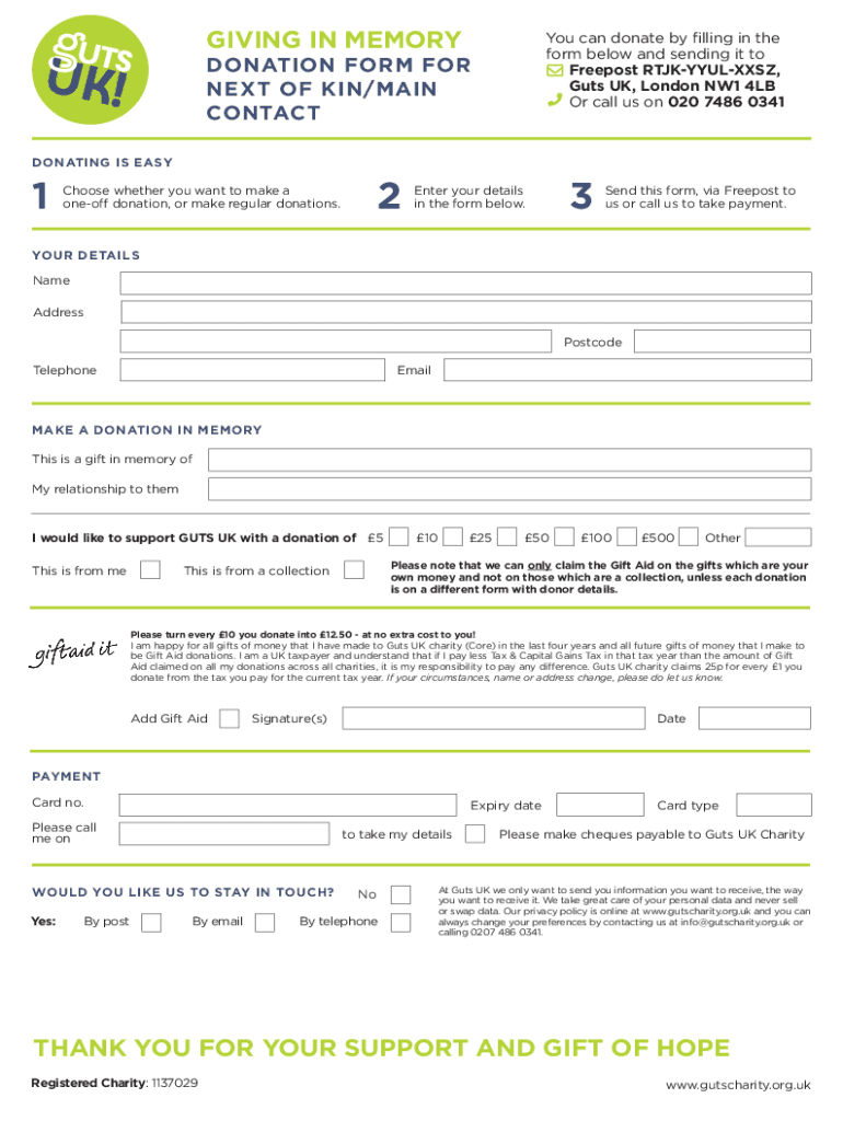 Fillable Online DONATION FORM FOR NEXT OF KIN/MAIN 020 7486 0341 ... - Guts UK Fax Email Print ...