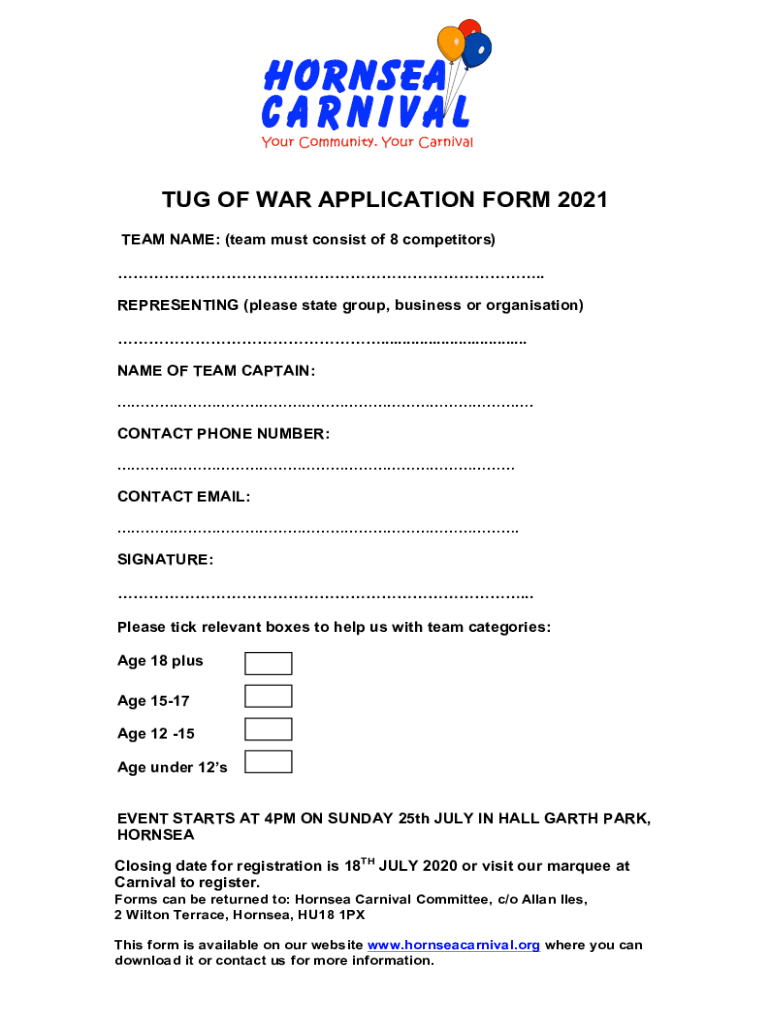 Fillable Online TUG OF WAR application Form 2021 Fax Email Print ...