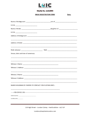 Fillable Online NIKAH REGISTRATION FORM Date Fax Email Print - pdfFiller