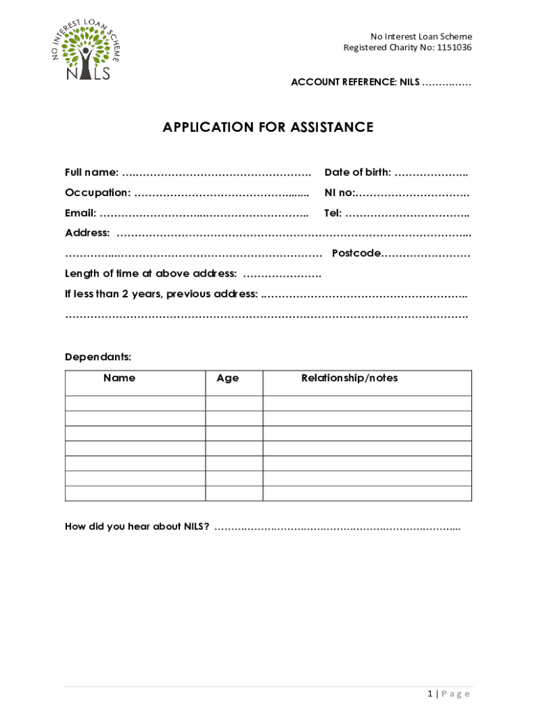 Fillable Online APPLICATION FOR ASSISTANCE - No Interest Loan Scheme ...
