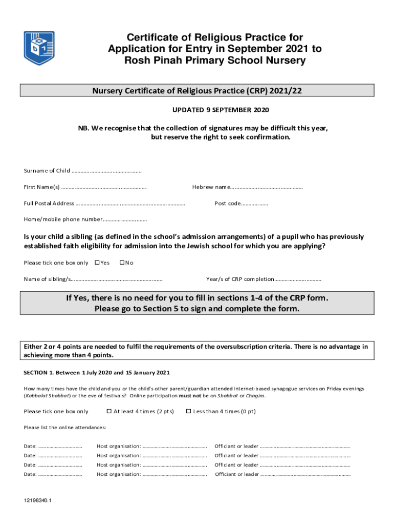 Fillable Online Certificate of Religious Practice for Application for ...