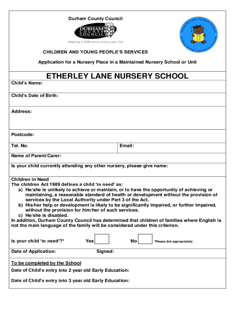 Fillable Online ETHERLEY LANE NURSERY SCHOOL DURHAM COUNTY COUNCIL ...