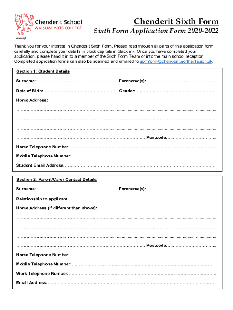 Fillable Online chenderit northants sch Sixth Form New Applicants ...