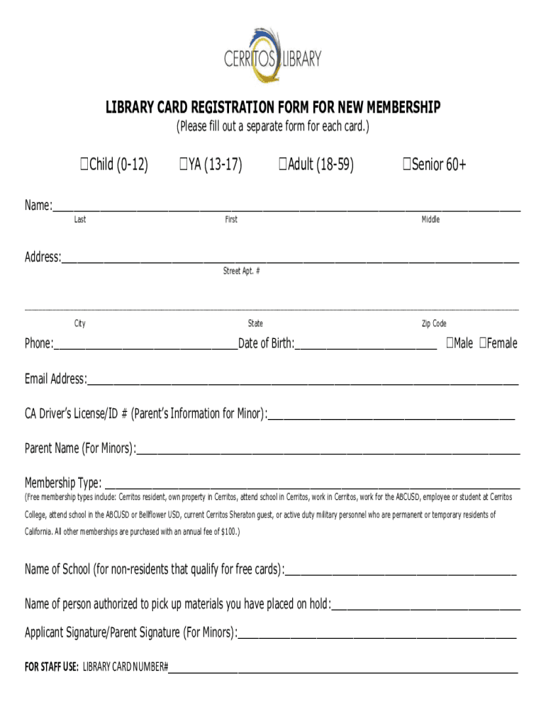 Fillable Online LIBRARY CARD REGISTRATION FORM FOR NEW MEMBERSHIP Fax ...