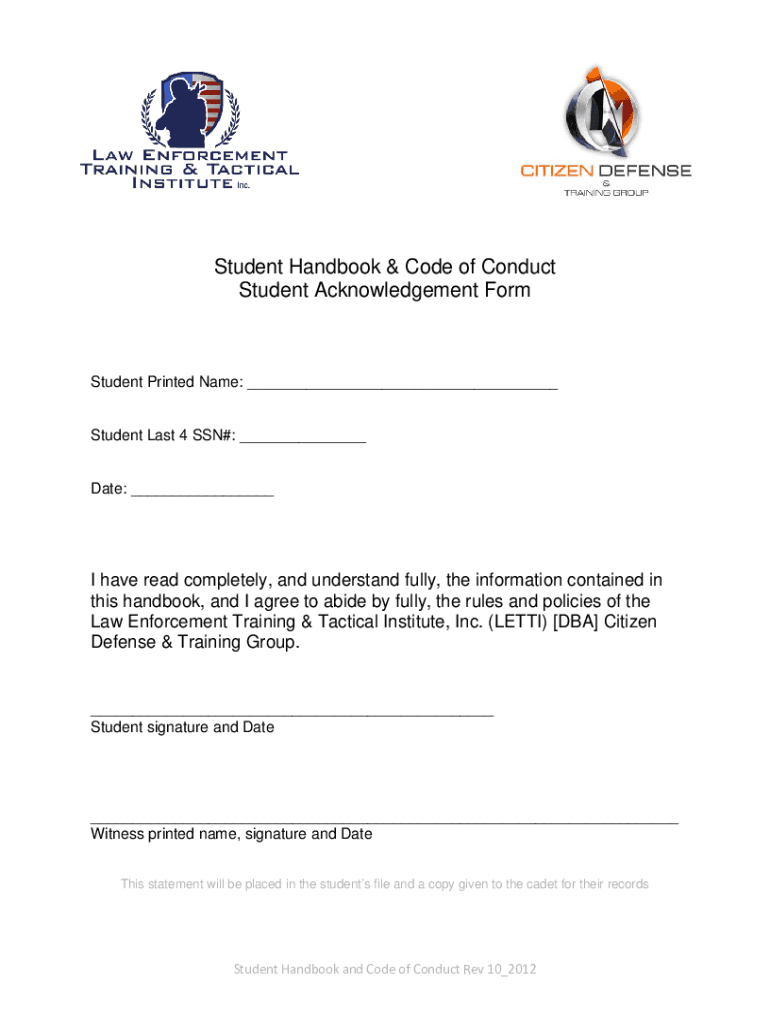 Fillable Online Student Handbook & Code of Conduct Student ...