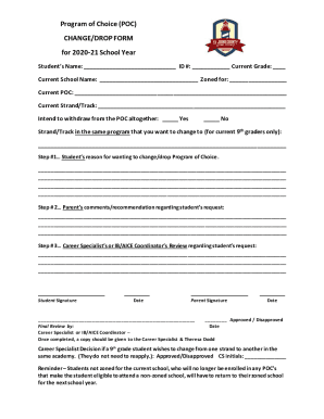 Fillable Online Program of Choice (POC) CHANGE/DROP FORM for 2020-21 ...