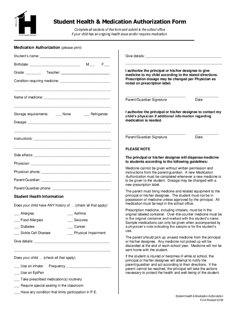 Fillable Online schoolwires henry k12 ga Student Health & Medication Authorization Form Fax ...