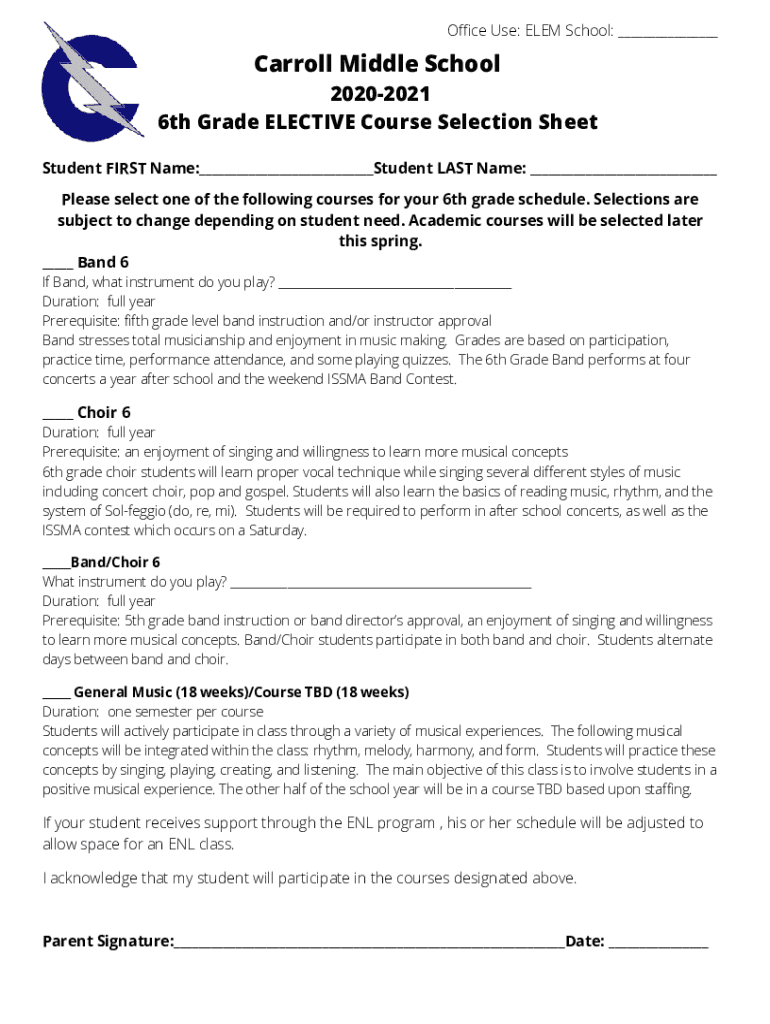 Fillable Online Elective Course Selection Sheet Fax Email Print - pdfFiller