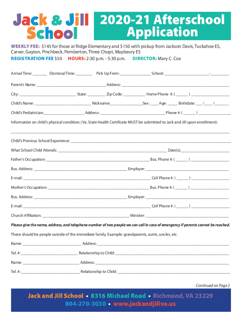 Fillable Online 2020-21 Afterschool Application - Jack and Jill School ...