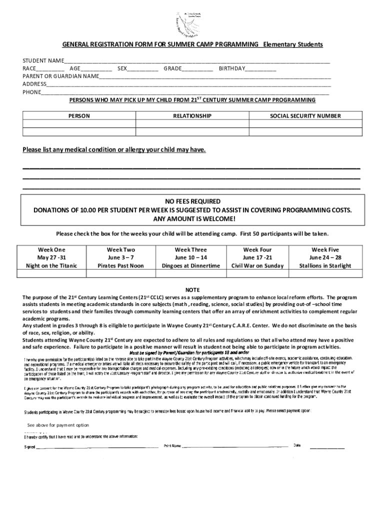 Fillable Online www3 wayne kyschools 2021 Summer Camp Registration Form ...