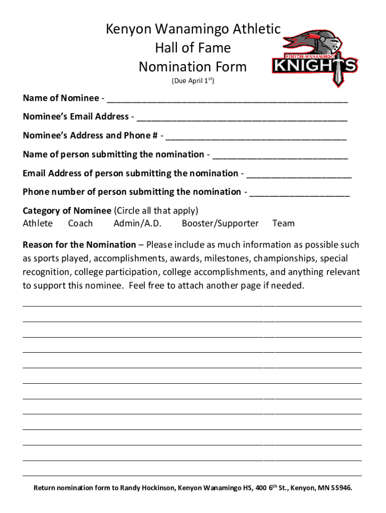 Fillable Online Kenyon Wanamingo Athletic Hall of Fame Nomination Form ...