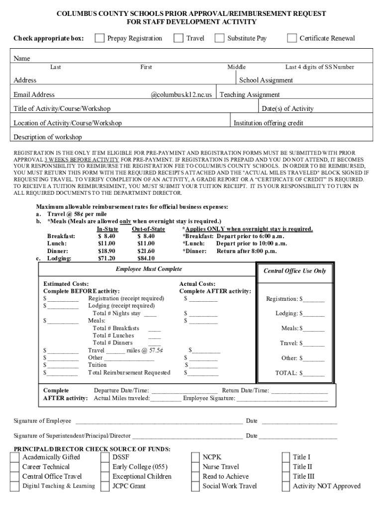 Fillable Online www2 columbus k12 nc COLUMBUS COUNTY SCHOOLS PRIOR APPROVAL/REIMBURSEMENT ...
