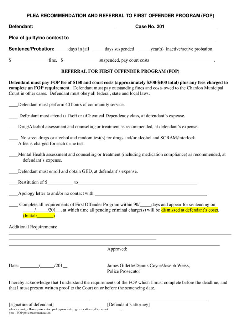 Fillable Online PLEA RECOMMENDATION AND REFERRAL TO FIRST OFFENDER ...