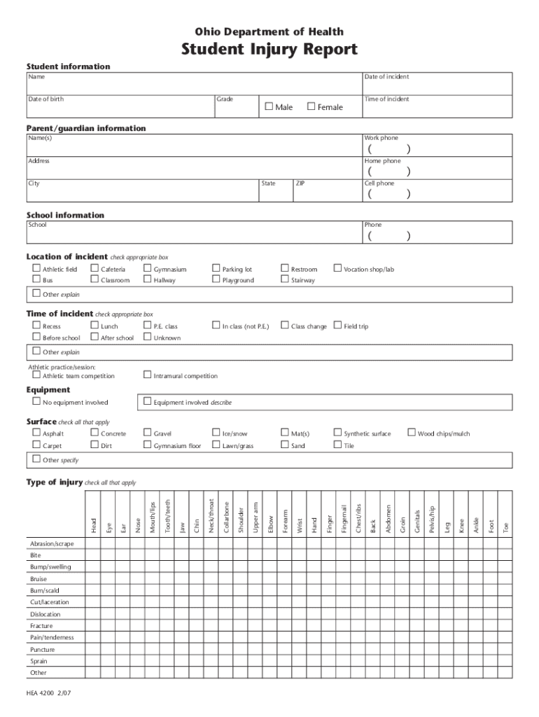 Fillable Online Student Injury Report Form Guidelines - Ohio Department ...