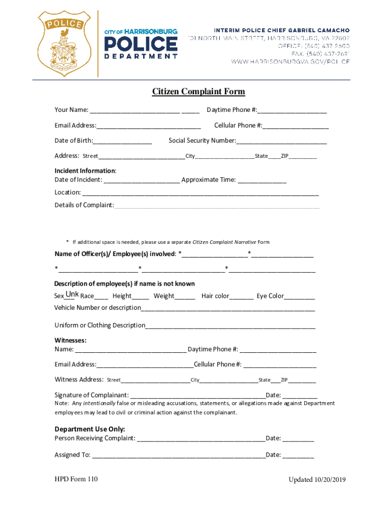 Fillable Online Citizen Complaint Form - Harrisonburg, VA Fax Email ...