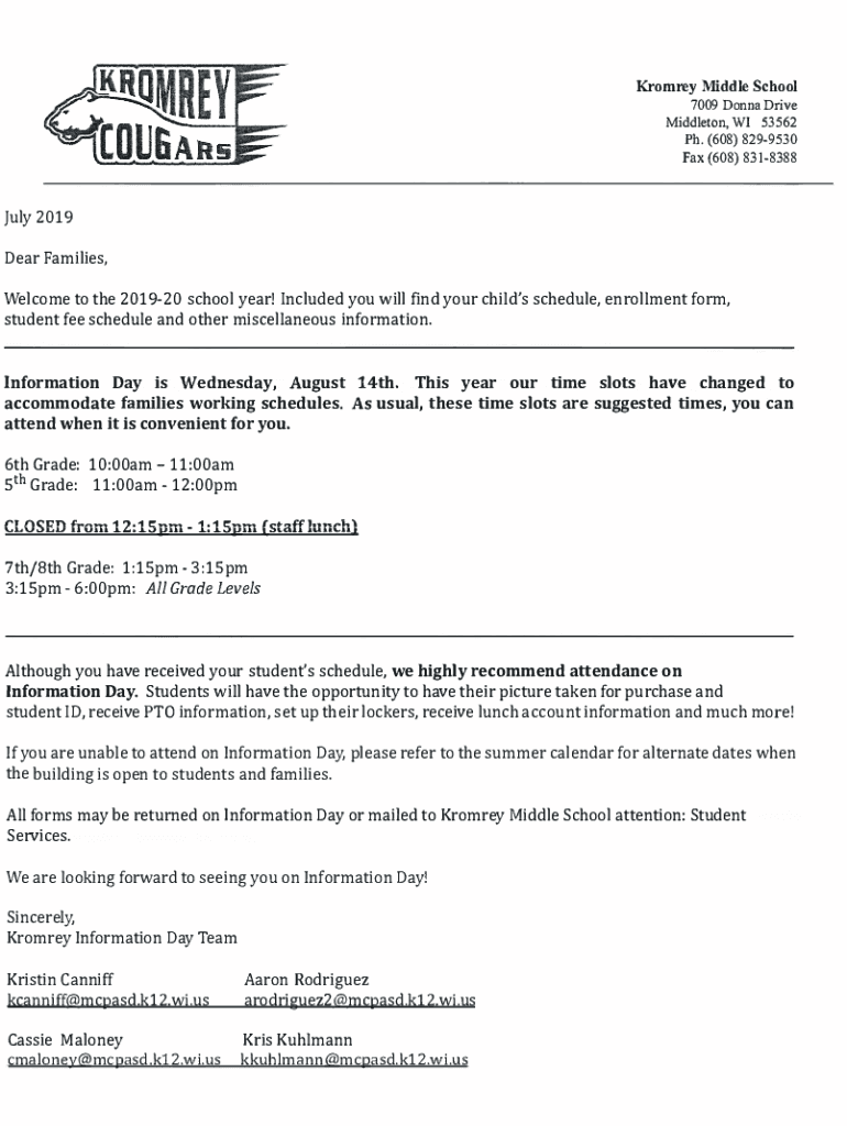 Fillable Online mcpasd k12 wi Welcome to Kromrey Middle SchoolKromrey ...